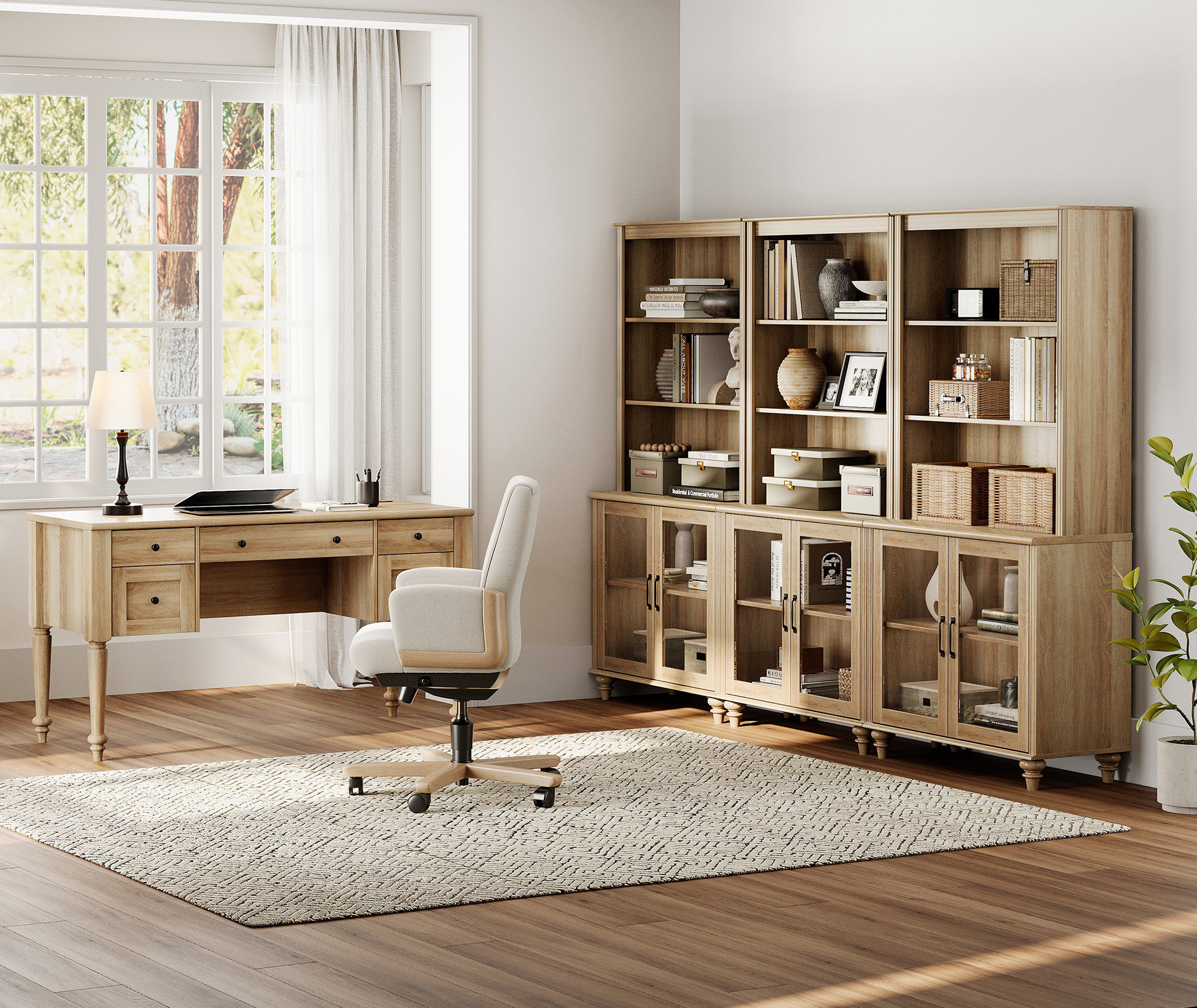 Red Barrel Studio® 2 Piece Office Set, 56" Executive Desk & Set Of 3 Bookcases With Glass Doors ...